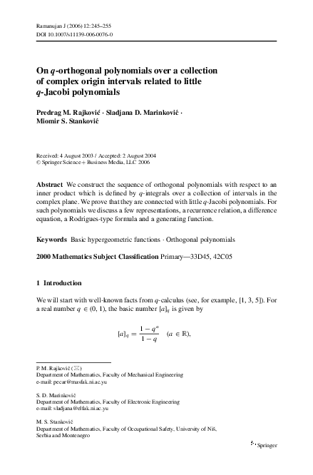 (PDF) On q-orthogonal polynomials over a collection of complex origin ...