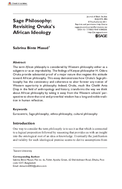 (PDF) Sage Philosophy Revisiting Oruka's African Philosophy