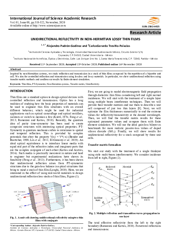 (PDF) UNIDIRECTIONAL REFLECTIVITY IN NON-HERMITIAN LOSSY THIN FILMS