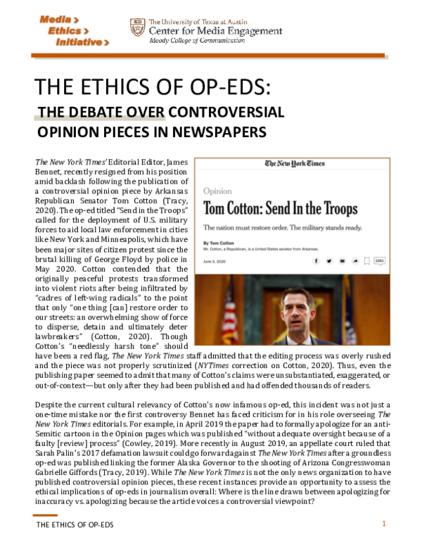 (PDF) Ethics of Controversial Opinion Pieces in Newspapers