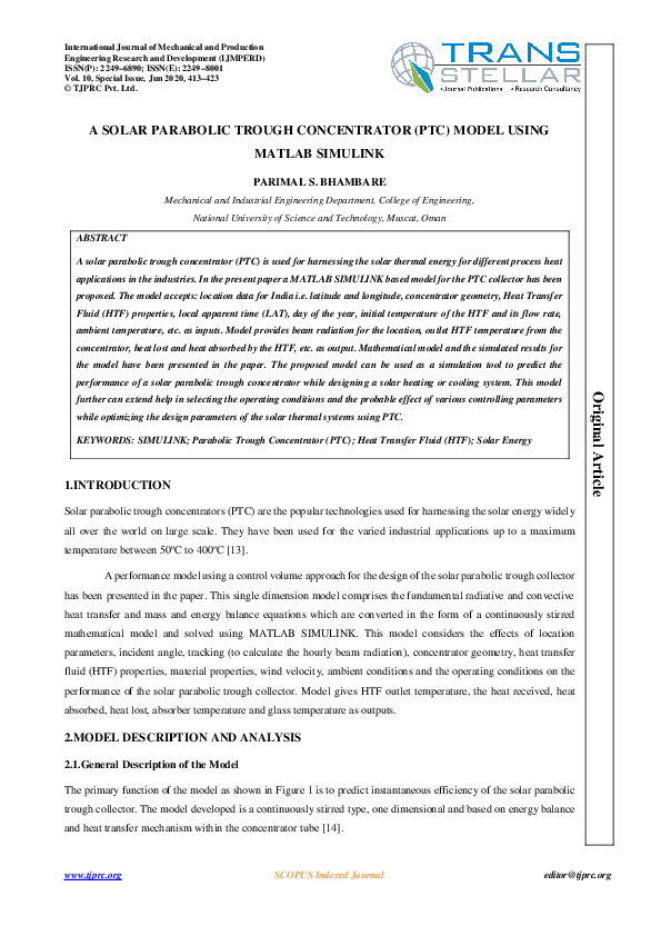 (PDF) A SOLAR PARABOLIC TROUGH CONCENTRATOR (PTC) MODEL USING MATLAB ...