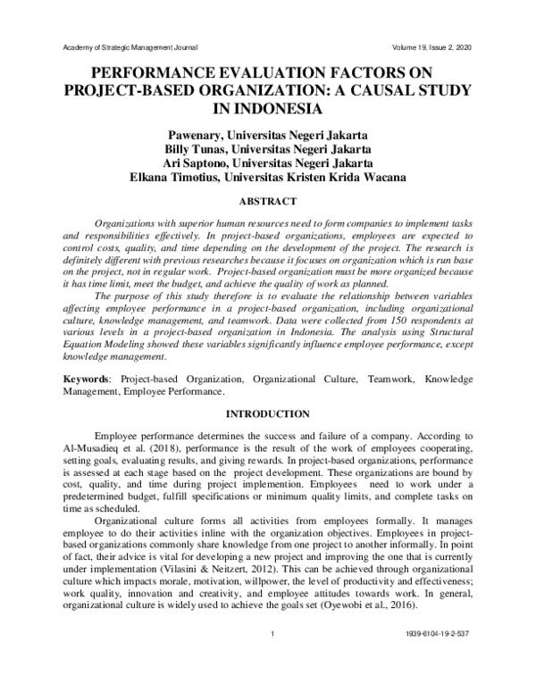 (PDF) PERFORMANCE EVALUATION FACTORS ON PROJECT-BASED ORGANIZATION: A ...
