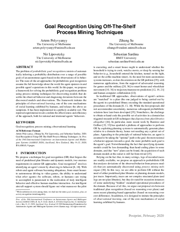 (PDF) Goal Recognition Using Off-The-Shelf Process Mining Techniques