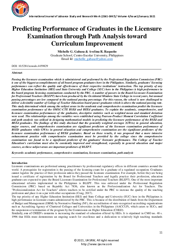 (PDF) Predicting Performance of Graduates in the Licensure Examination ...