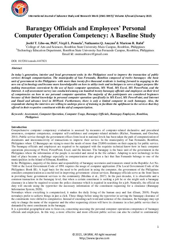 (PDF) Barangay Officials and Employees' Personal Computer Operation ...
