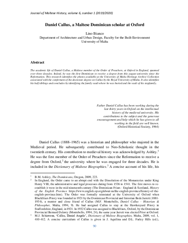 (PDF) Daniel Callus, a Maltese Dominican scholar at Oxford