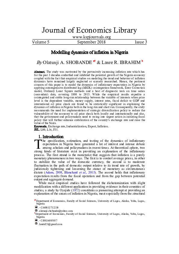 (PDF) Modelling dynamics of inflation in Nigeria
