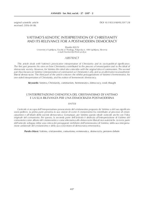 (PDF) VATTIMO'S KENOTIC INTERPRETATION OF CHRISTIANITY AND ITS ...