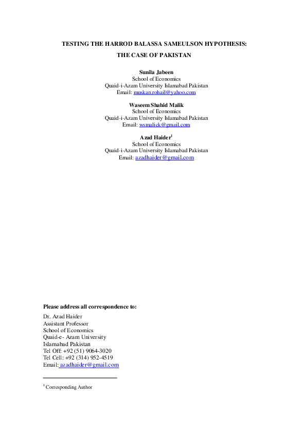 (PDF) Testing the Harrod Balassa Sameulson Hypothesis: The Case of Pakistan