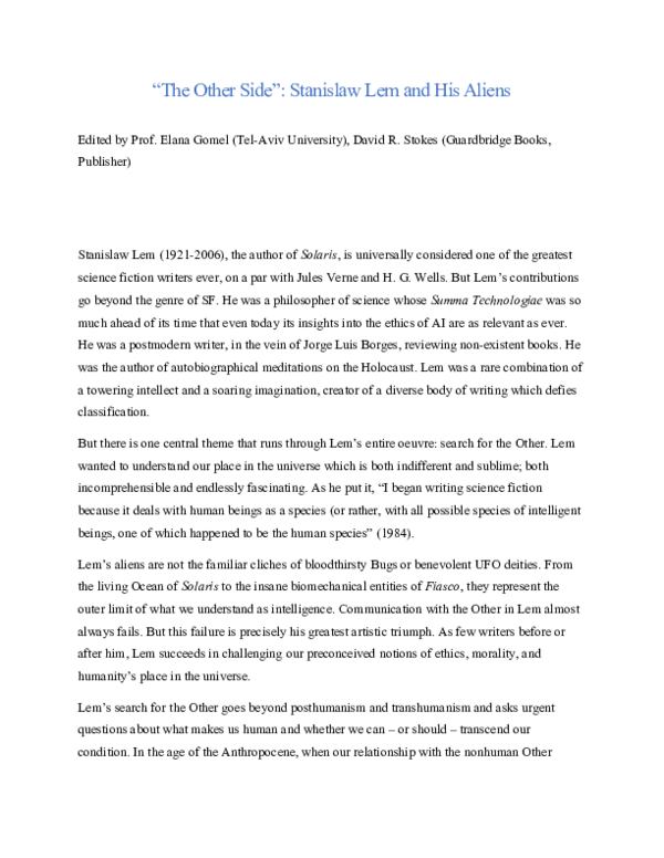 (DOC) "The Other Side": Stanislaw Lem and His Aliens