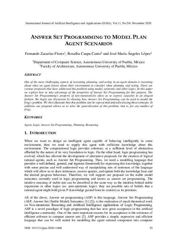 Answer Set Programming To Model Plan Agent Scenarios