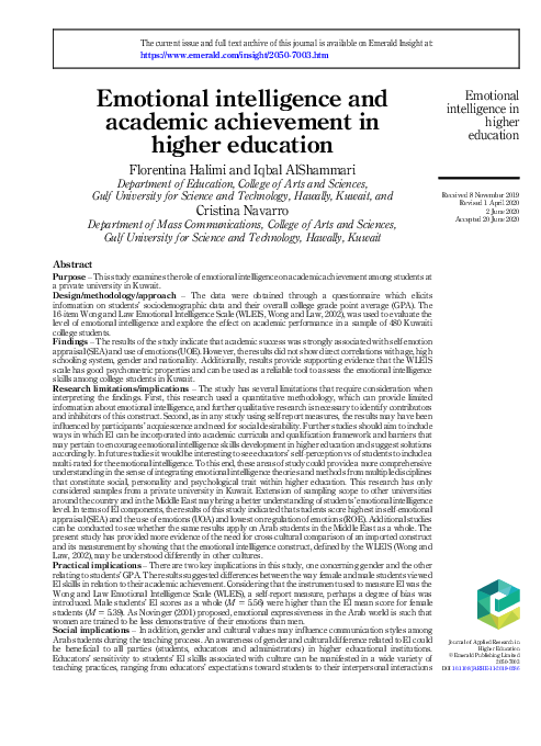 (PDF) Emotional intelligence and academic achievement in higher education