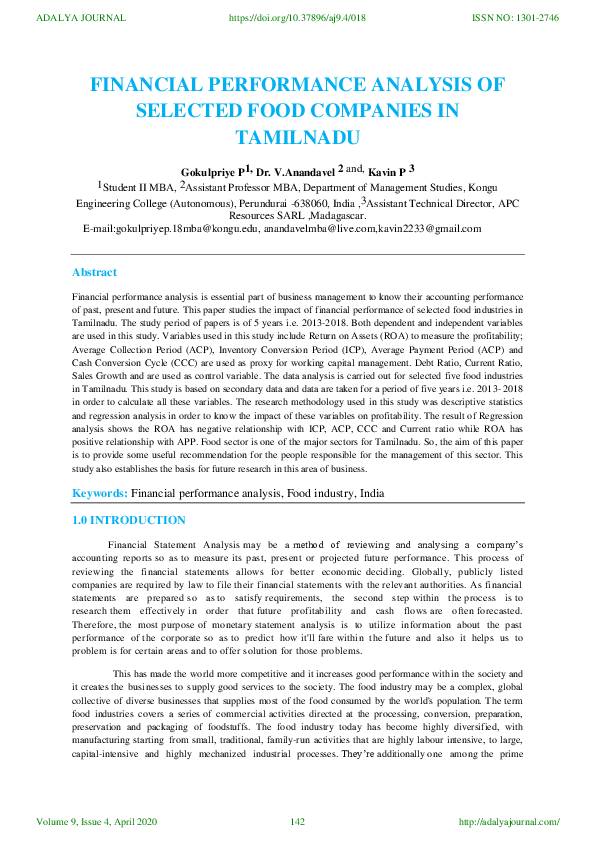 (PDF) FINANCIAL PERFORMANCE ANALYSIS OF SELECTED FOOD COMPANIES IN ...