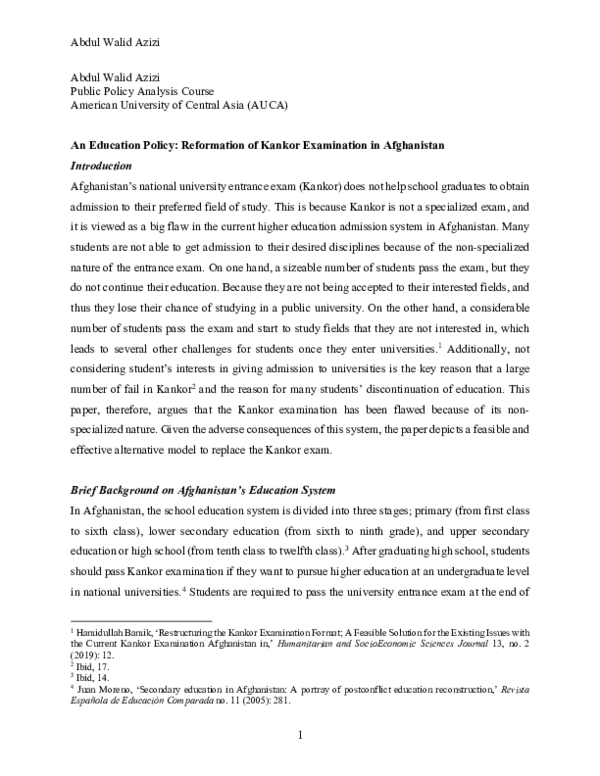 (PDF) An Education Policy: Reformation of Kankor Examination in Afghanistan