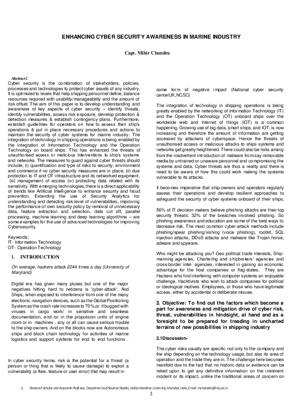 (PDF) ENHANCING CYBER SECURITY AWARENESS IN MARINE INDUSTRY (PDF) ENHANCING CYBER SECURITY AWARENESS IN MARINE INDUSTRY