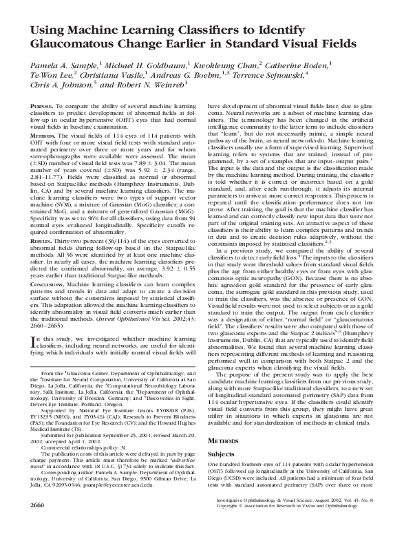 (PDF) Using machine learning classifiers to identify glaucomatous change earlier in standard ...