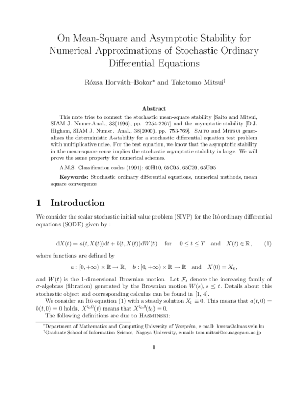 (PDF) On Mean-Square and Asymptotic Stability for Numerical Approximations of Stochastic ...