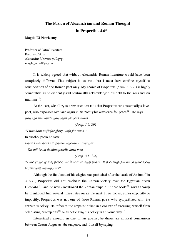 (PDF) The Fusion of Alexandrian and Roman Thought in Propertius 4.6
