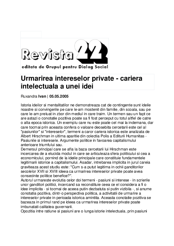(PDF) Albert O. Hirschman, Pasiunile și interesele. Argumente politice ...