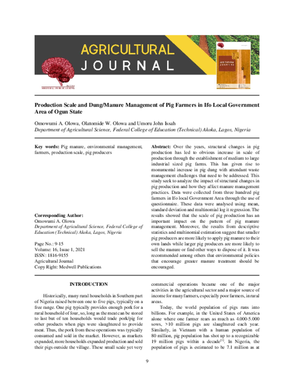 (PDF) Production Scale and Dung/Manure Management of Pig Farmers in Ifo ...