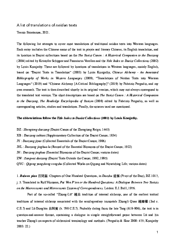 (PDF) A list of translations of neidan texts