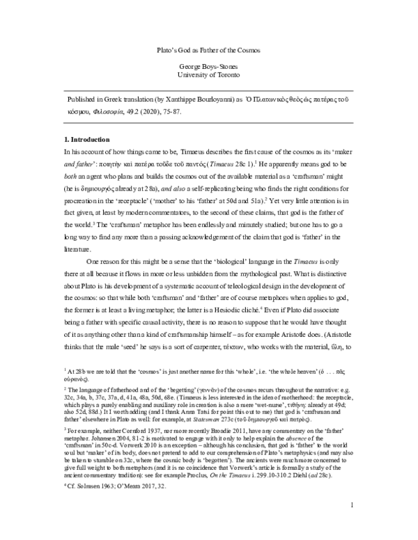 (PDF) Plato’s God as Father of the Cosmos