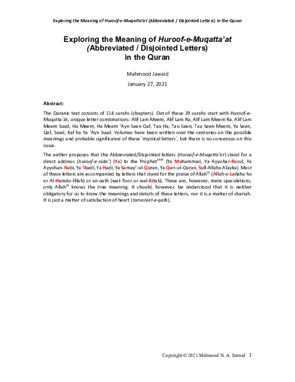 (PDF) Exploring the Meaning of Huroof-e-Muqatta'at (Abbreviated ...