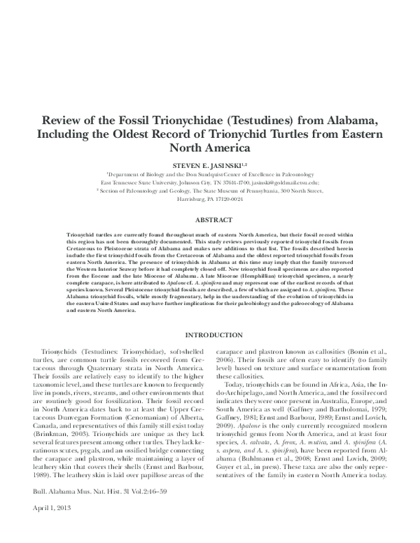 (PDF) Review of the fossil Trionychidae (Testudines) from Alabama ...