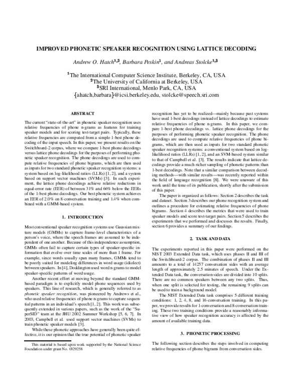 (PDF) Improved Phonetic Speaker Recognition Using Lattice Decoding