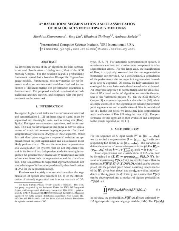 Pdf A Based Joint Segmentation And Classification Of Dialog Acts In Multiparty Meetings