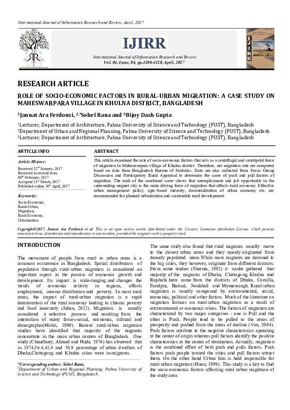 (PDF) Role of Socio-Economic Factors in Rural-Urban Migration: A Case ...