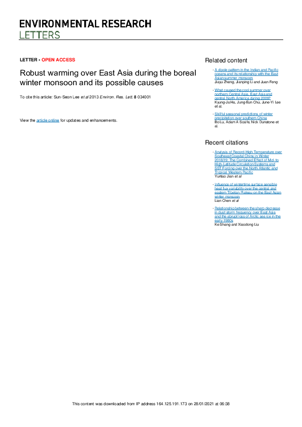 (PDF) LETTER • OPEN ACCESS Robust warming over East Asia during the ...