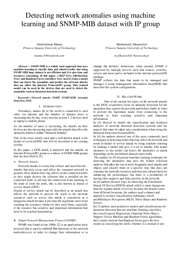 Pdf Detecting Network Anomalies Using Machine Learning And Snmp Mib Dataset With Ip Group