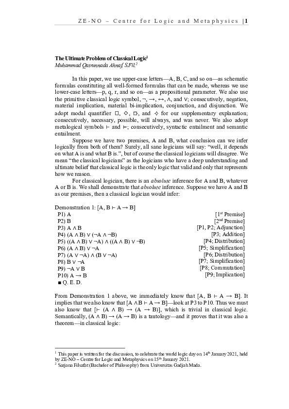 (PDF) The Ultimate Problem of Classical Logic