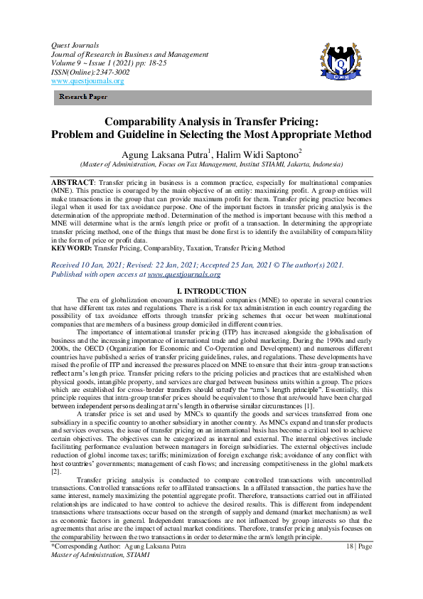 (PDF) Comparability Analysis in Transfer Pricing: Problem and Guideline ...