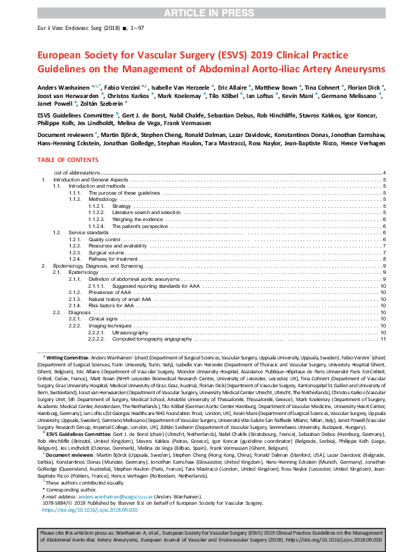 (PDF) European Society for Vascular Surgery (ESVS) 2019 Clinical Practice Guidelines on the ...