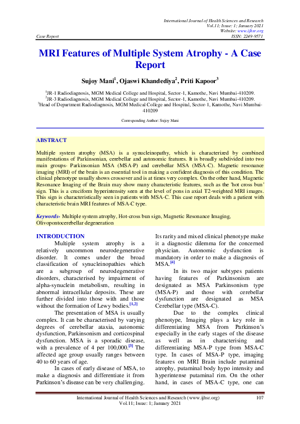 (PDF) MRI Features of Multiple System Atrophy -A Case Report