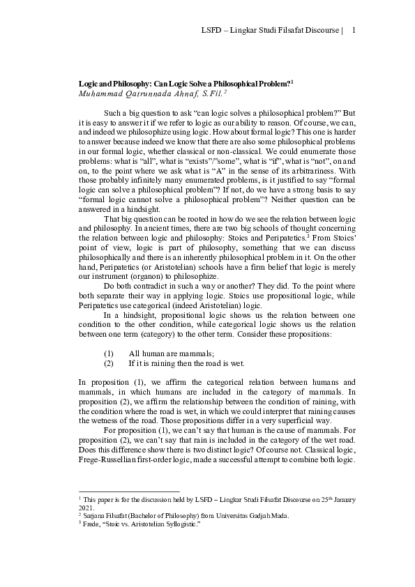 (PDF) Logic and Philosophy: Can Logic Solve a Philosophical Problem?