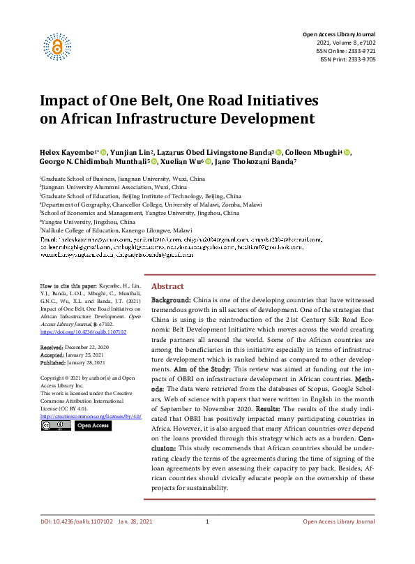 (PDF) Impact of One Belt, One Road Initiatives on African ...
