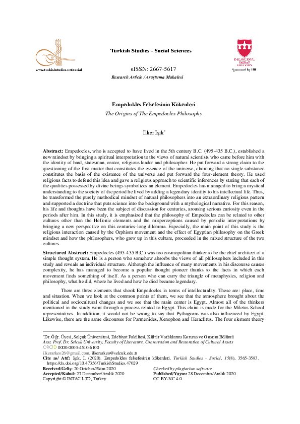 (PDF) Empedokles Felsefesinin Kökenleri The Origins of The Empedocles ...