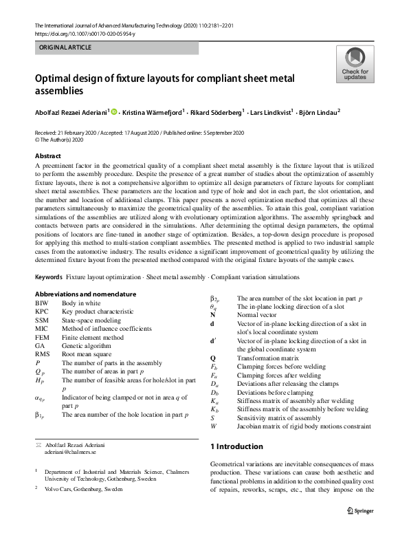 (PDF) Optimal design of fixture layouts for compliant sheet metal assemblies