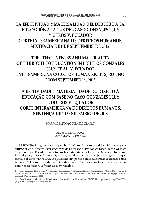 (PDF) La efectividad y materialidad del derecho a la educación a la luz del caso Gonzales Lluy y ...