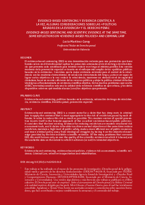 (PDF) Evidence-based sentencing y evidencia científica. A la vez ...