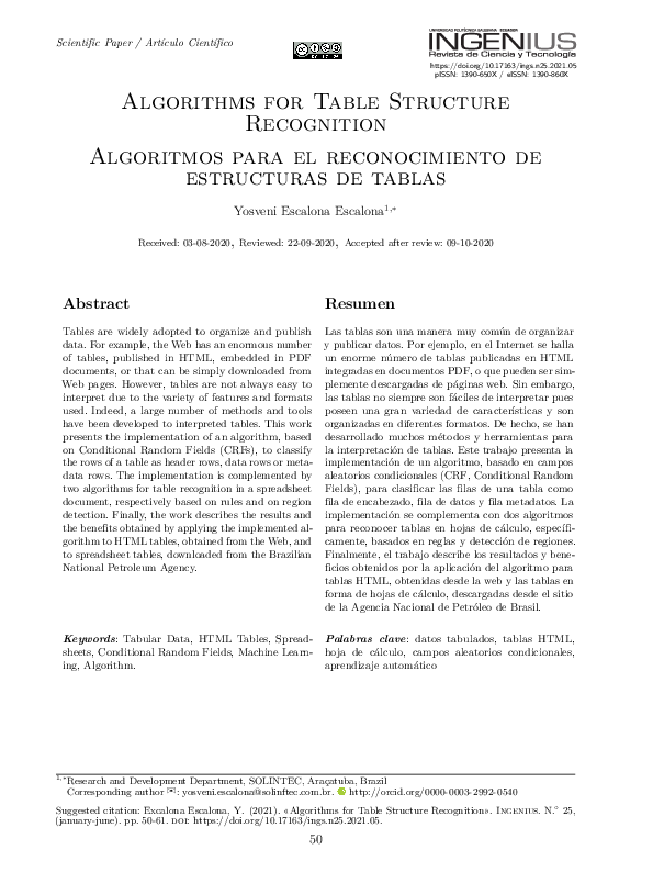 (PDF) Algorithms for Table Structure Recognition