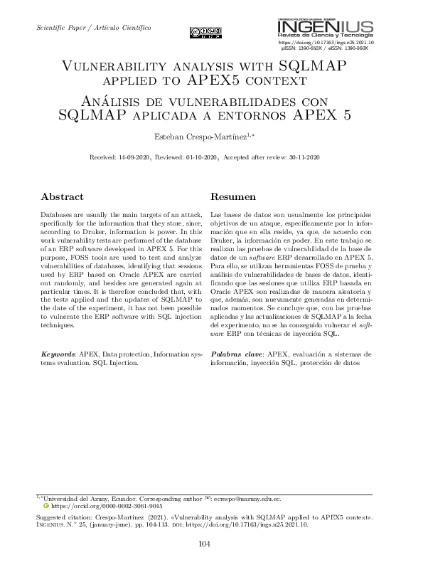 (PDF) Vulnerability analysis with SQLMAP applied to APEX5 context