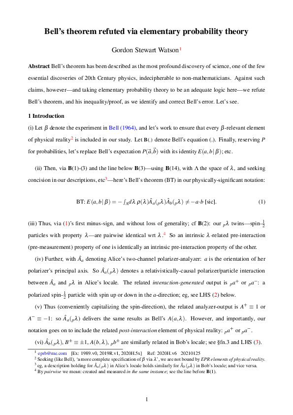 (PDF) Bell's theorem refuted via elementary probability theory