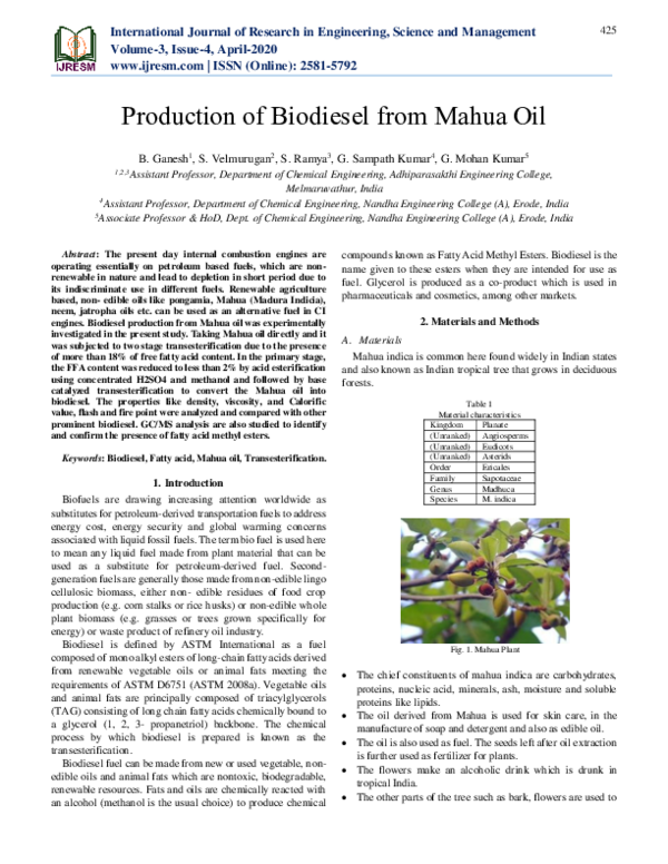(PDF) Production of Biodiesel from Mahua Oil