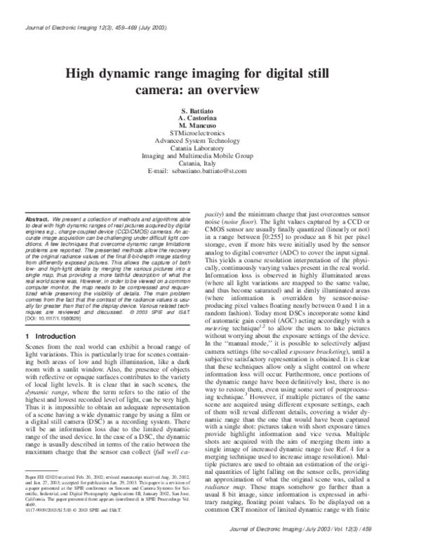 (PDF) High dynamic range imaging for digital still camera: an overview