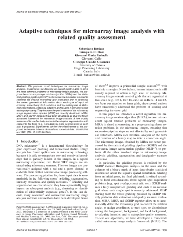 (PDF) Adaptive techniques for microarray image analysis with related quality assessment
