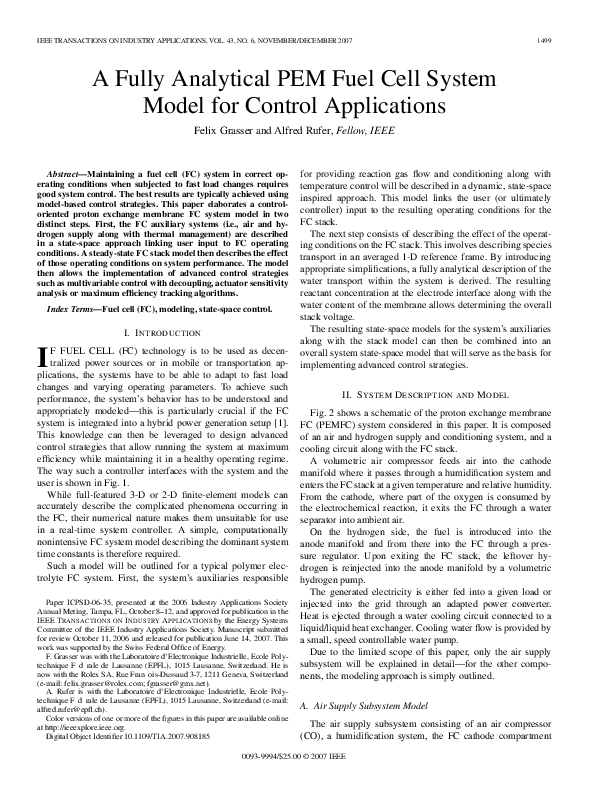 (PDF) A Fully Analytical PEM Fuel Cell System Model for Control ...